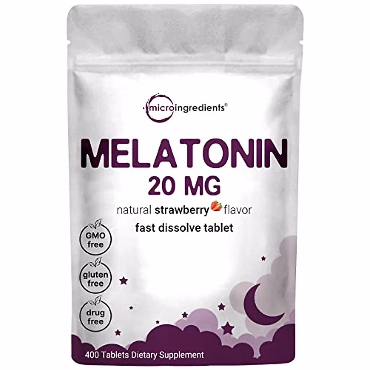 Micro Ingredients Melatonin 20mg Tablets, 400 Counts, Natural Strawberry Flavor, Fast Dissolve | No Drug, Vegetarian Friendly, Non-GMO & No Gluten