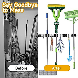 Kozci Mop and Broom Holder Wall Mount, Non-Slip Broom Organizer Wall Mount Self Adhesive Broom Hanger with 5 Racks 4 Hooks Stainless Steel Tools Rack Broom Storage Organizer for Kitchen Garden Garage