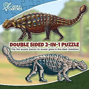 Ankylosaurus Dinosaur Jigsaw Puzzle | 100-Piece Double Sided Floor Puzzle with Glow-in-The-Dark Skeleton On Other Side | 4 FT Scientifically Accurate Dino Illustration | Educational Toy for Kids