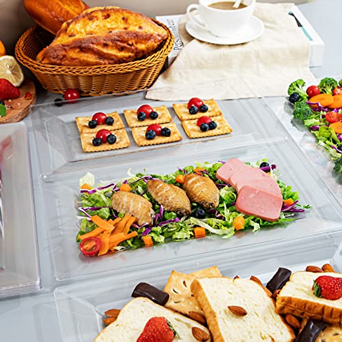DaYammi 12 Pack Plastic Serving Trays, Heavy Duty Clear Plastic Serving Platters 13”×8” Rectangle Disposable Serving Platters and Trays for Parties, Wedding, Birthday, Dessert Table, Cupcake