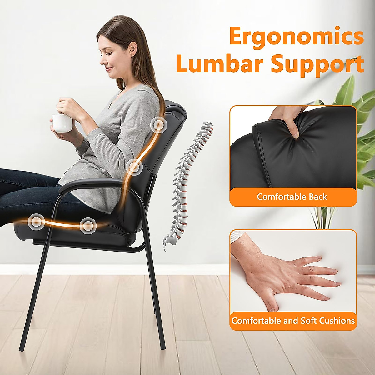 CLATINA Leather Guest Chair with Padded Arm Rest for Reception Meeting Conference and Waiting Room Side Office Home Black 2 Pack