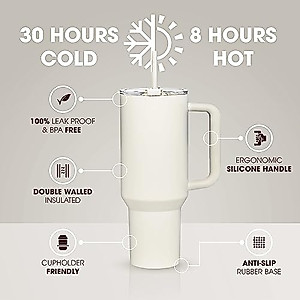 osse 40oz Tumbler with Handle and Straw Lid | Double Wall Vacuum Reusable Stainless Steel Insulated Water Bottle Travel Mug Cup | Modern Insulated Tumblers Cupholder Friendly (Cream)
