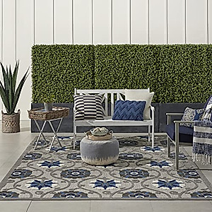 Nourison Aloha Indoor/Outdoor Grey/Blue 7'10" x 10'6" Area Rug, Easy Cleaning, Non Shedding, Bed Room, Living Room, Dining Room, Deck, Backyard, Patio (8x11)