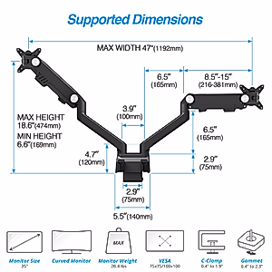 AVLT Dual 17"-35" Monitor Arm Desk Mount fits Two Flat/Curved Monitor Full Motion Height Swivel Tilt Rotation Adjustable Monitor Arm - VESA/C-Clamp/Grommet/Cable Management - Black