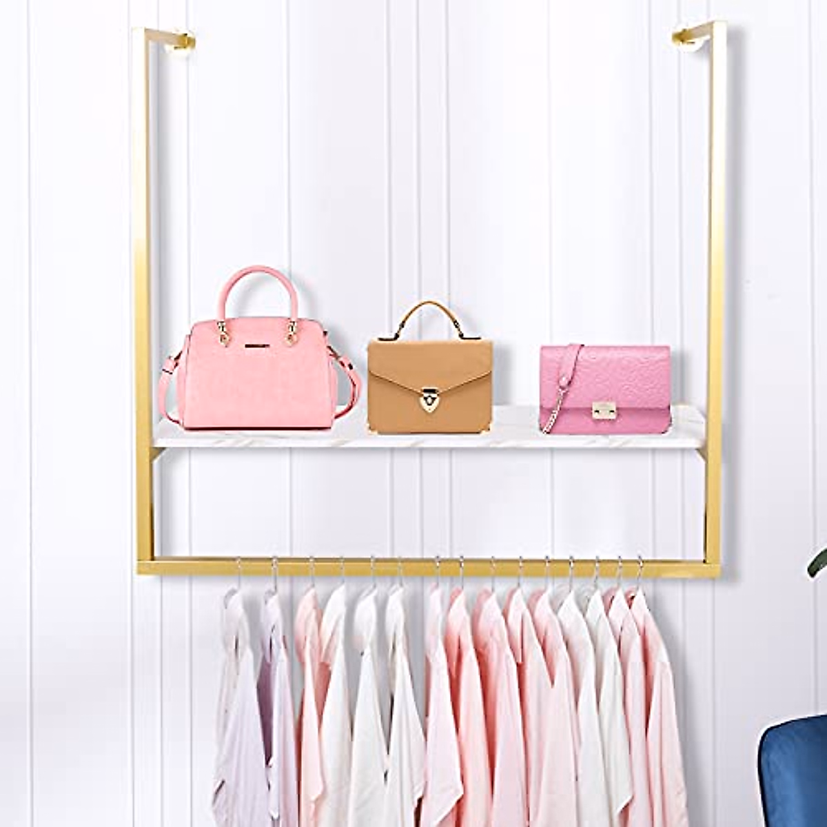 Gold Wall Mounted Clothes Rack Square Wall Pole, U Shape Industrial Pipe Hanging Clothes Rack Retail Garment Display Rack with One Layer Shelving Shelves for Retail Stores, Boutiques, Shops, Homes