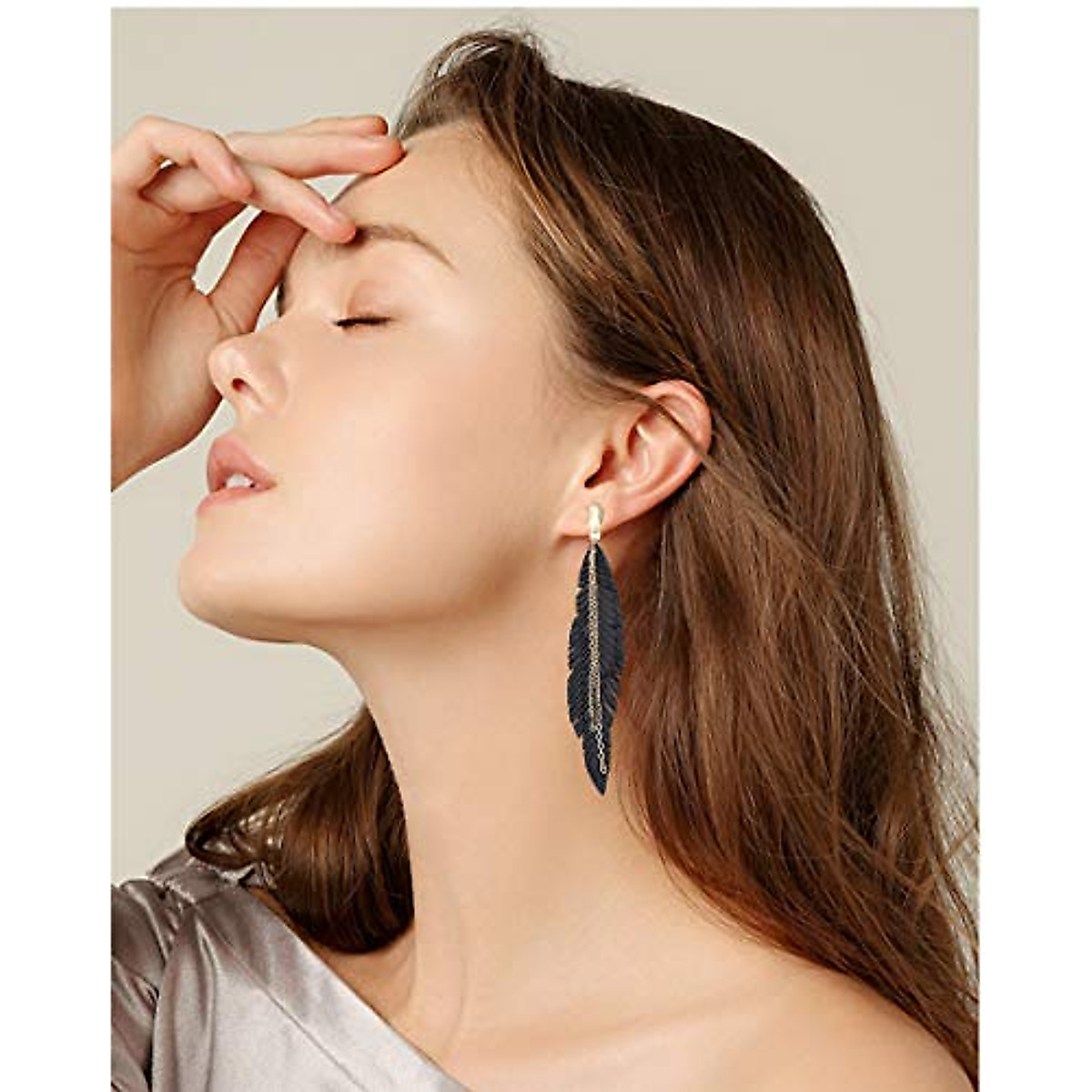 NVENF Feather Tassel Dangle Earrings for Women Bohemian Faux Leather Plume Gold-tone Metal Chain Fringe Statement Drop Earrings Vintage Ethnic Style Jewelry (Black)