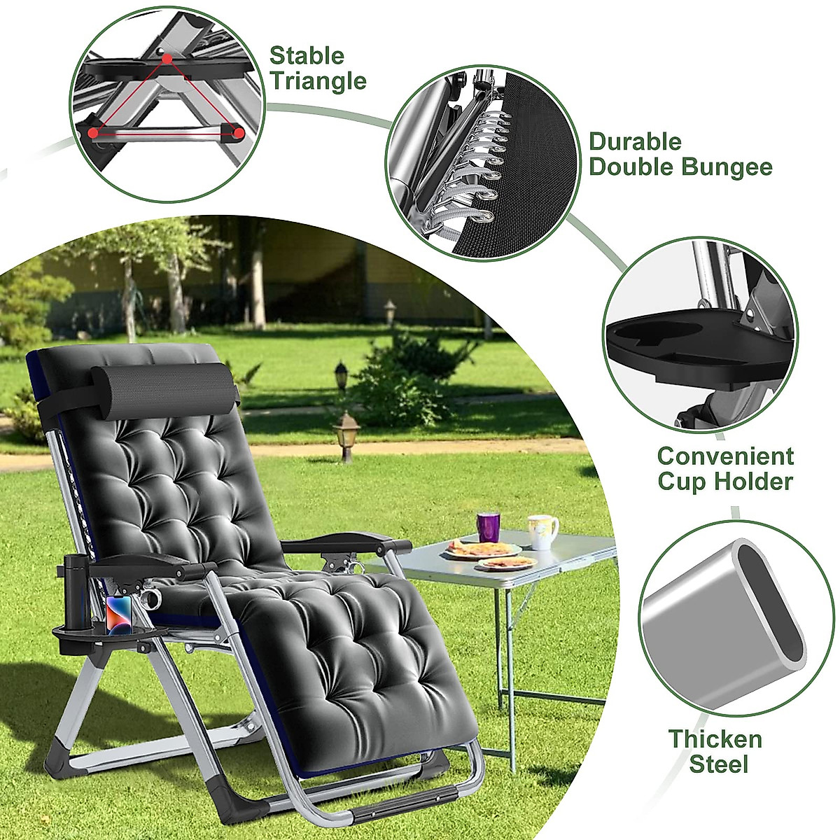 Barbella Zero Gravity Chair Living Room Chairs Lawn Recliner, Reclining Patio Chairs Patio Lounger Chair, Folding Portable Chaise with Cushion, Cup Holder, Headrest