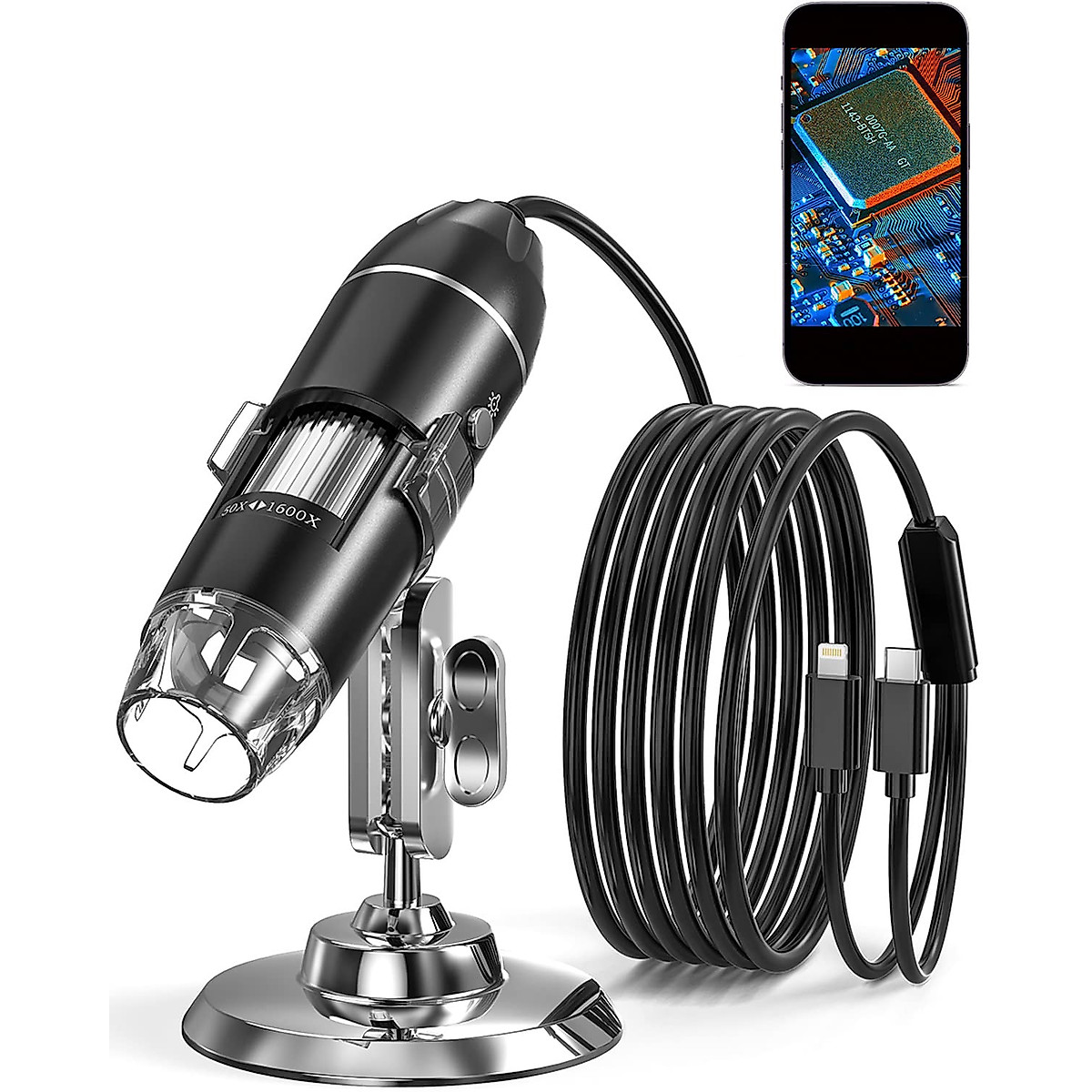 USB Digital Microscope, SKYEAR 50X-1600X Magnification Handheld Digital Microscope Compatible with iOS & Android Devices, Adjustable Stand, 8 LED Lights, Portable Microscope Camera for Adults, Kids