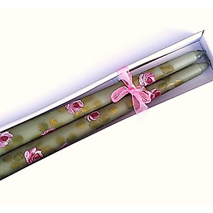 Dripless Unscented Olive Sage Green Romantic 10 Inch Long Taper Dinner Candles Set with Painted Pink Roses
