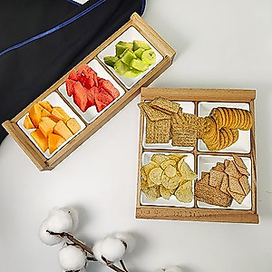Jinsongdafa Wood Pallet Porcelain Divided Serving Dishes, Appetizer， Relish Tray, Serving Bowls for Parties - Perfect for Chips and Dip, Veggies, Candy and Snacks | Reusable (4 Cells Platters)