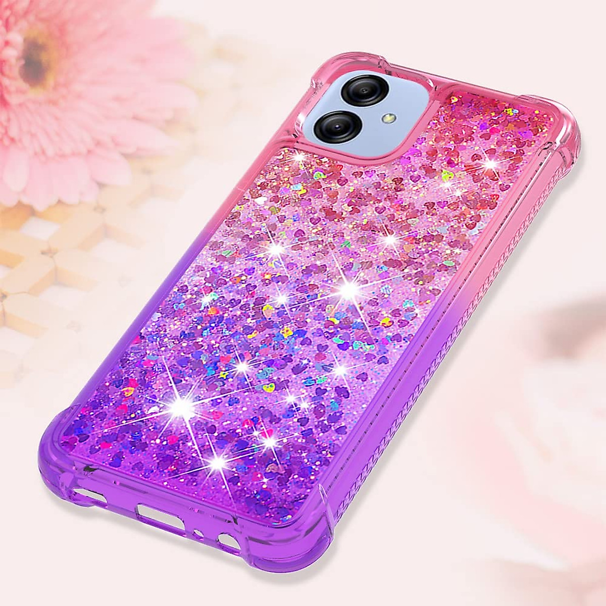 CAIYUNL for Samsung Galaxy A04E Case with Tempered Glass Screen Protector, Women Girls Glitter Bling Floating Liquid Sparkle Cute Soft TPU Phone Case Protective Cover for Samsung A04E Case-Purple/Pink