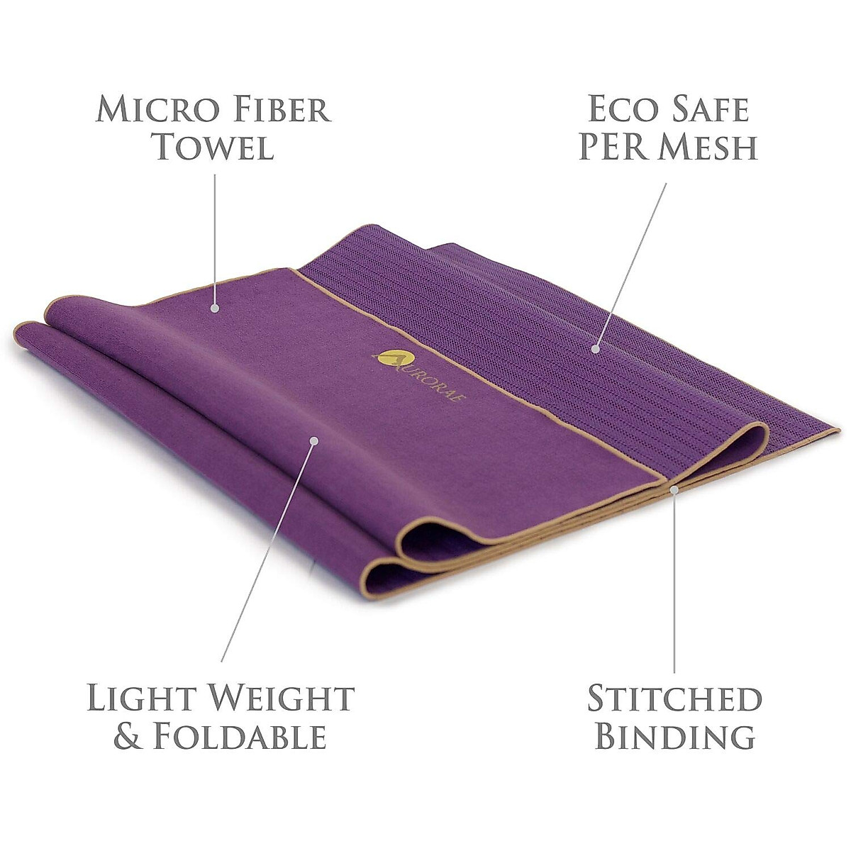 Aurorae Synergy Foldable On-the-Go Travel Yoga,Gym/Exercise Mat for Yogis on the Move with Integrated Microfiber Towel and Anti-Slip Patented 2-in-1 Technology. No Odor and No Bunching Amethyst