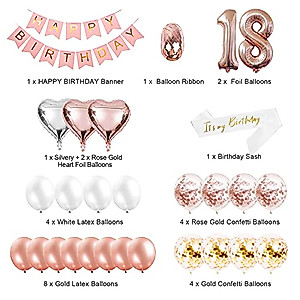 Happy 18th Birthday Party Decorations for Her Rose Gold, Jumbo Number 18 Foil Balloon, 18th Birthday Sash Cake Topper Banner Balloons, Rose Gold 18th Birthday Party Supplies for Women Anniversary