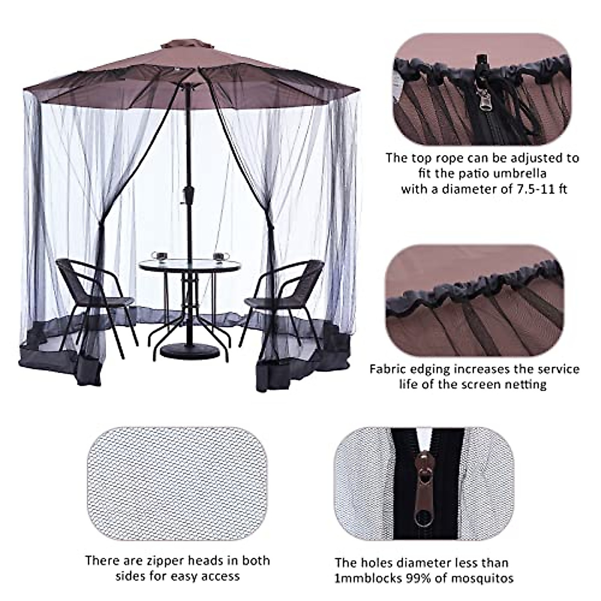 9FT-11FT Patio Table Umbrella Mosquito Netting, Patio Umbrella Screen Mesh Mosquito Netting with Double Door Zipper and Carry Bag, Beige