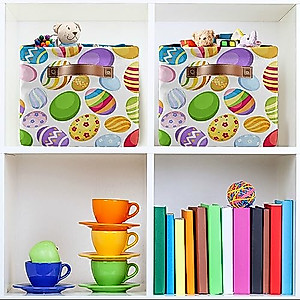 Large Foldable Storage Basket,Colored Easter Eggs Storage Bin Fabric Collapsible Organizer Bag with Handles 15x11x9.5 inch
