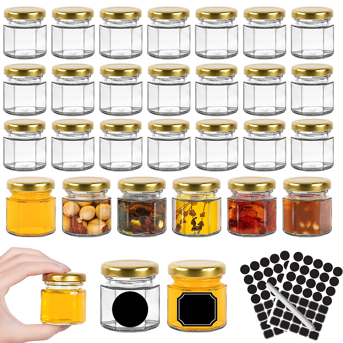 Keketin 1.5oz Honey Jars,30 Pack Hexagonal Glass Jars with Gold Lids,45ml Small Canning Jar Mini Storage Glass Jars for Jams,Fruits,Spices,Nuts,Jellies,Baby Foods