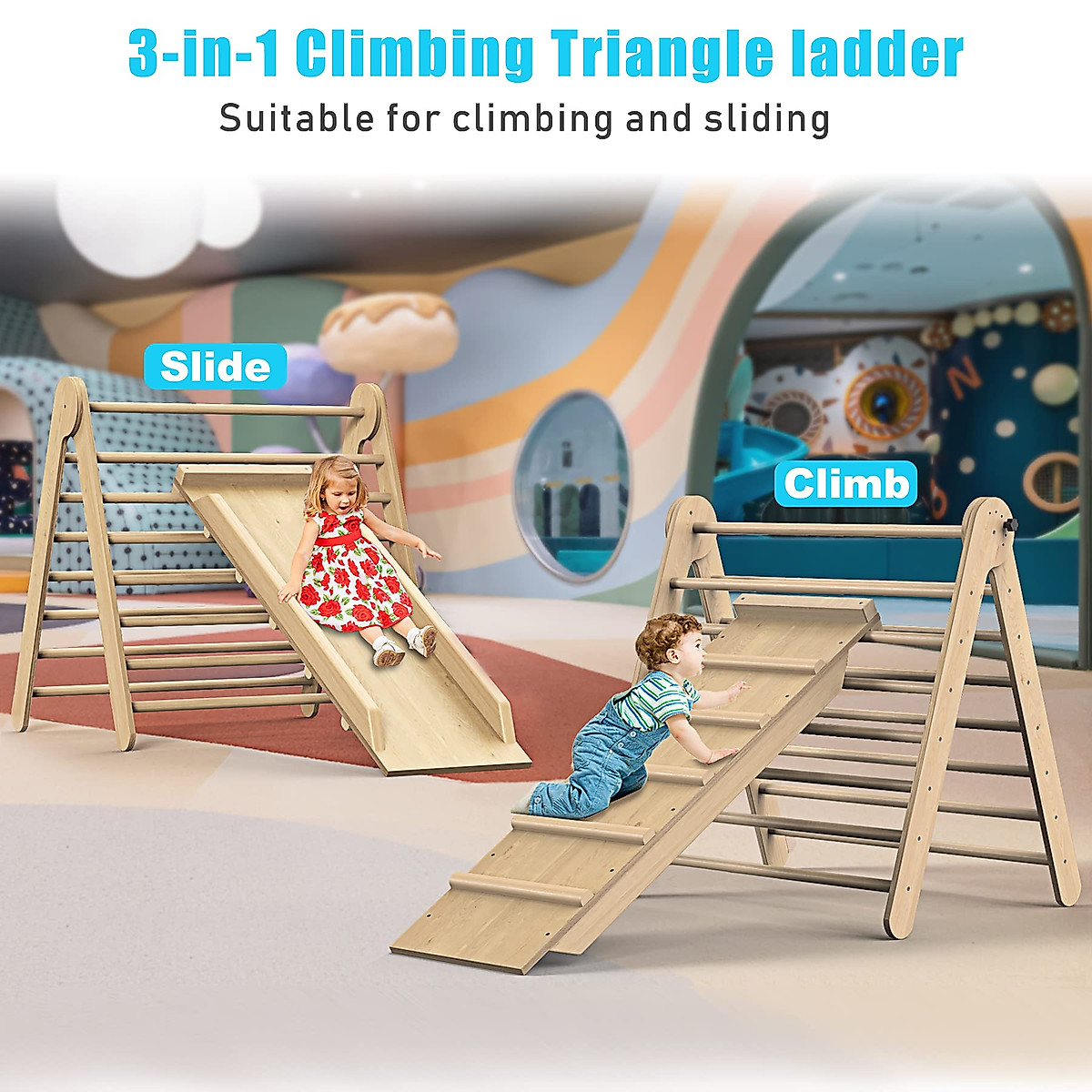 Baoniu Triangle Climbing Toys, Stable Climbing Toys for Toddlers with Climbing and Sliding Ramps, 2 in 1 Foldable Wooden Activity Triangle Climber, Safety Indoor Kids Climbing Toys for Toddlers