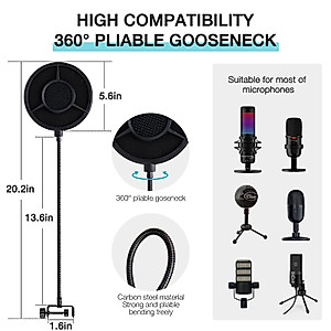 YOUSHARES 6-layer Pop Filter Compatible with HyperX QuadCast, Blue Yeti, Razer, Fifine and Other Mic, Upgraded Metal Microphone Pop Filter Windscreen with Flexible 360°Gooseneck