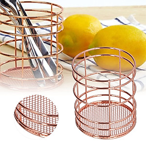 BORDSTRACT Small Wire Utensil Holder, 11x9x9cm Metal Round Pen Holder, Make Up Brush Holder Desk Cutlery Chopsticks Organizer for Kitchen Counter Home Office(Rose Gold)