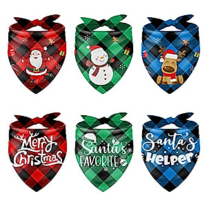 AnyDesign 6 Pack Christmas Dog Bandanas Red Green Blue Plaid Bibs Santa Snowman Reindeer Dog Scarf Washable Pet Neckerchief for Christmas Winter Dogs Cats Pets Decoration Xmas Party Supplies