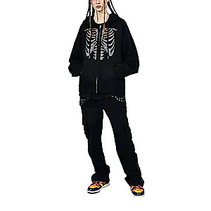 Women's Y2K Hoodie Gothic Skeleton Print Cardigan Sweatshirts Long Sleeve Oversized Pullover Jacket (Black , Large )