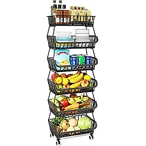 Fruit and Vegetable Storage - 6 Tier Fruit Basket Stand for Kitchen Floor, Metal Wire Storage Backets with Wheels for Produce Pantry Vegtable Organizer