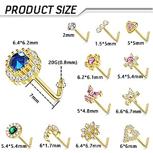 JeryWe 12Pcs Nose Studs 20g Nose Stud L Shaped Diamond CZ Nose Rings Stud for Women Surgical Steel Nose Rings Nose Screw Nose Piercing Stud Butterfly Heart Flower Nostril Jewelry Silver Rose Gold