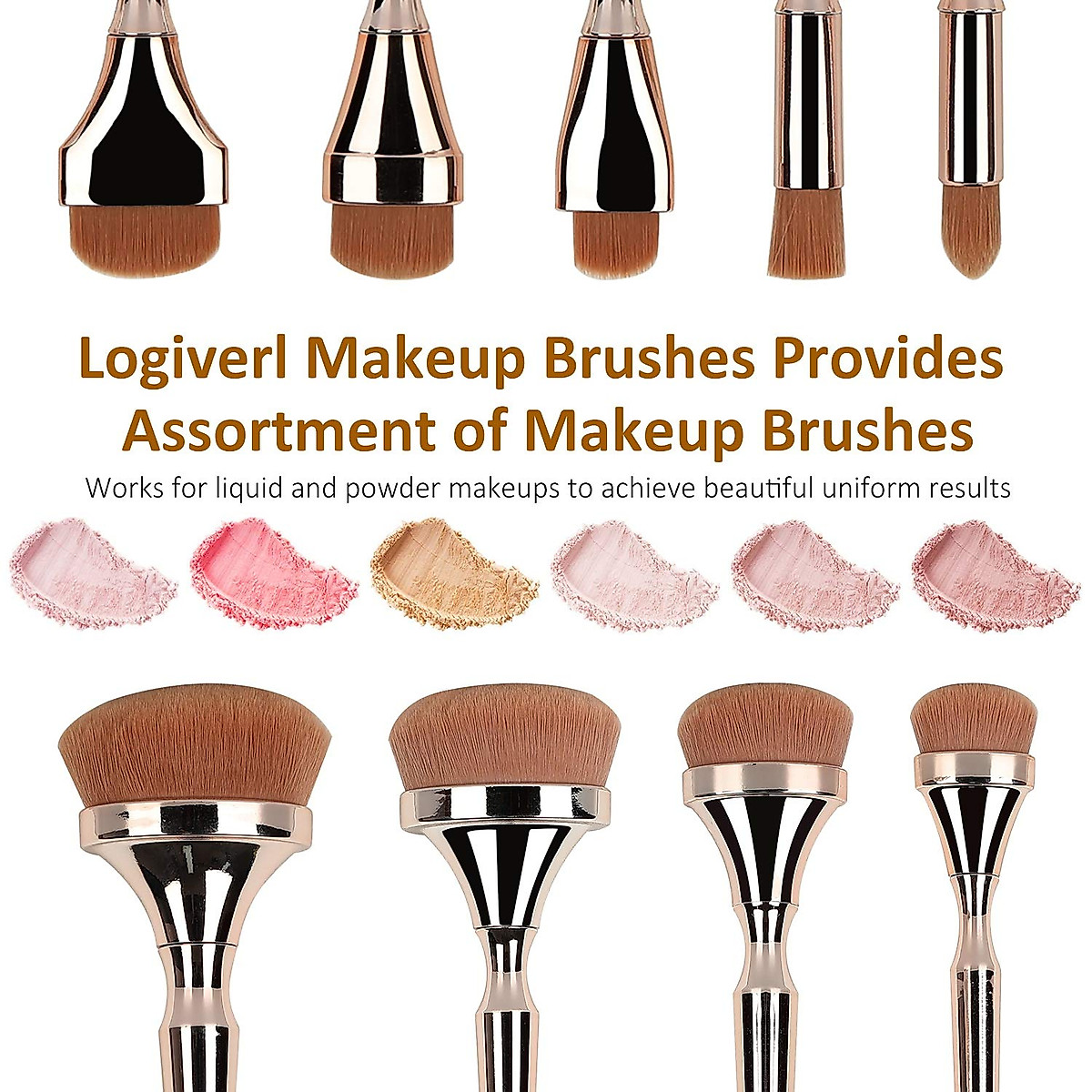 Logiverl 9 Pieces Makeup Brushes Powder Blush Foundation Concealer Eyeshadow Eyebrow Lip Flat Detail Brush for Blending Buffing Foundation Cream Make Up Brushes Tools Kit (Rose Golden)