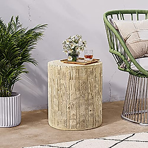 COSIEST 2 Pieces Outdoor Side Table, Mosaic MgO Patio End Table, Lightweight Cylinder Accent Table, Round Stump Table Plant Stand for Garden and Deck, Cream