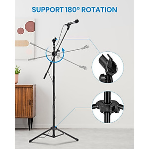 Moukey Microphone Stand, Tripod Boom Mic Stand with 2 Non-Slip Mic Clip Holders & 2 Foam Covers, Collapsible Adjustable Mic Stand for Singing, Karaoke, Stage and Outdoor Activities, Black, MMs-3