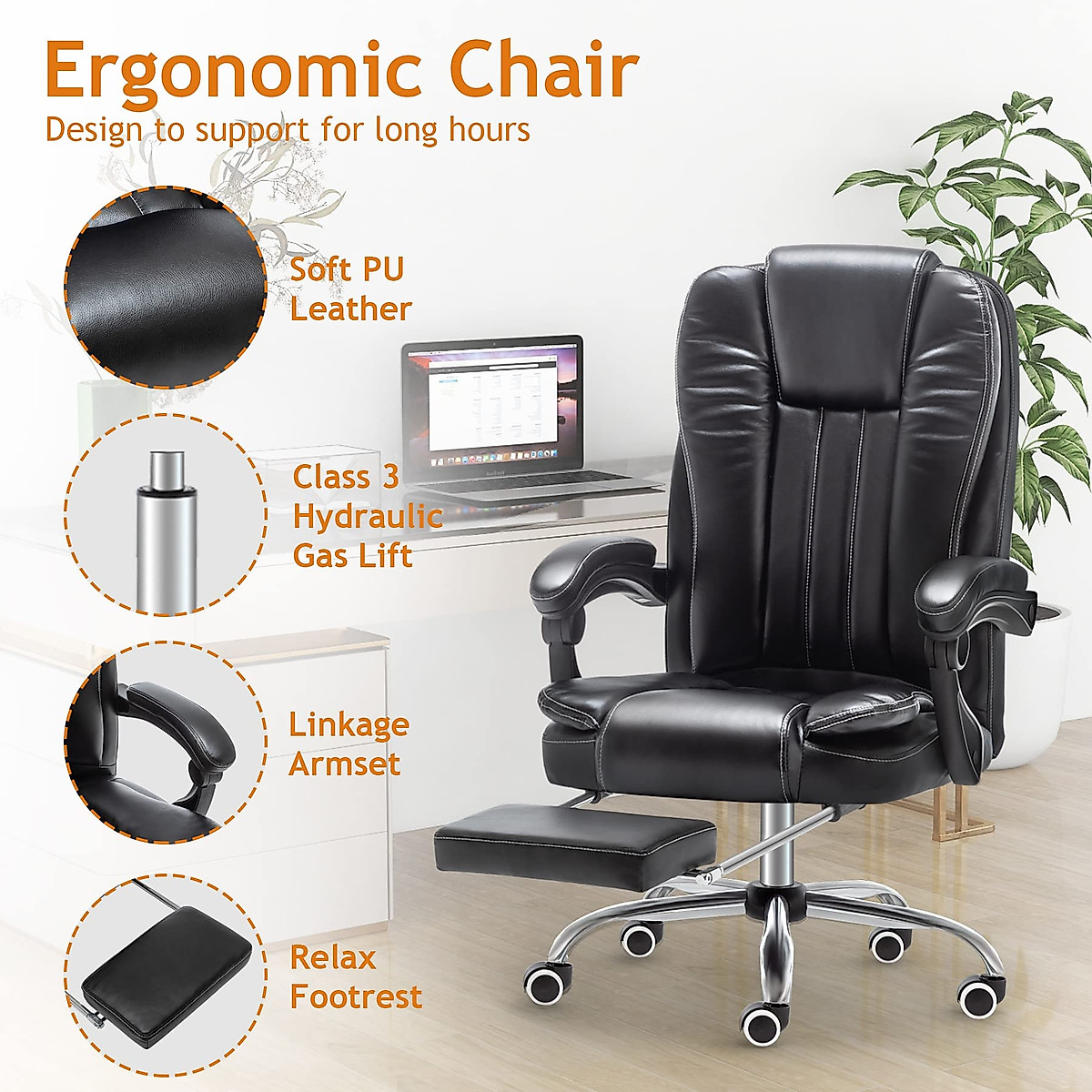 Erinnyees Executive Office Chair, PU Ergonomic Chair with Footrest and Linkage Armrests, 90°-155° Reclining Office Chair, 360° Swivel Computer Desk Chair with Back Support, Black