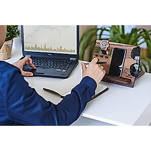 TESLYAR Natural Walnut Wood Phone Docking Station Hooks Key Holder Wallet Stand Watch Organizer Men Husband Anniversary Birthday Nightstand Purse Father Graduation Male Idea Gadgets Solid