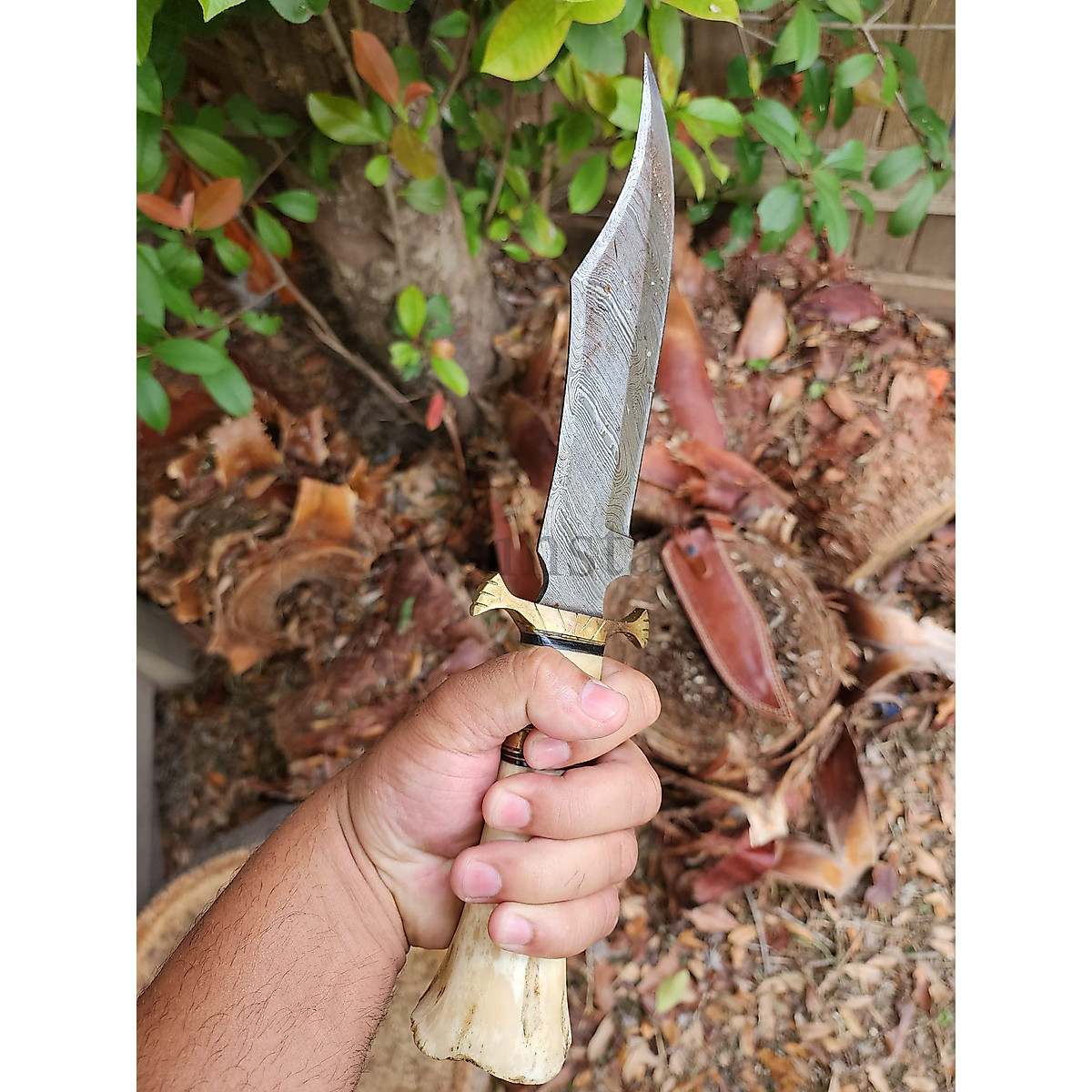 Vainsta Fixed Blade Knife with Sheath 15 Inch Handmade Custom Damascus Hunting Knife, Hand Forged Classic Bowie Knife with Camel Bone Handle for Firm Grip, white