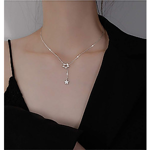 Crystal Star Lariat Y Pendant Necklace for Women 925 Sterling Silver Fashion Dainty CZ Lucky Stars Drop Choker Hypoallergenic Jewelry Christmas Valentine Holiday Gift