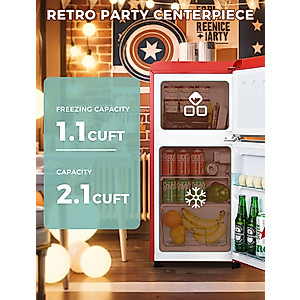 Anypro 3.2 Cu.Ft Refrigerator, Retro Double Door Fridge with Freezer, 7 Adjustable Temperature Settings, Removable Glass Shelves for Dorm, Office, Bedroom, Apartment, Red