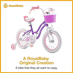 RoyalBaby Stargirl 14 Inch Kids Outdoor Bicycle with Accessory Basket, Bell, Thick Wheels, and Safety Training Wheels for Ages 3-5, Purple