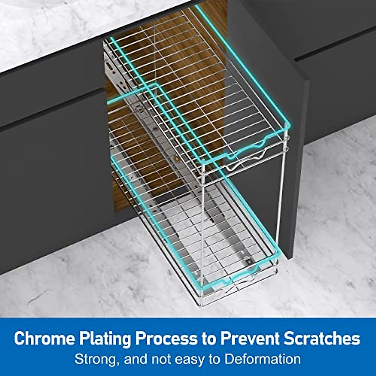 homdiy Pull Out Cabinet Organizer Slide Out Cabinet Organizer, 2-Tier Cabinet Pull Out Shelves Cabinet Drawers Slide Out (7" W x 21" D x 17" H) Kitchen Cabinet Storage Chrome Finish