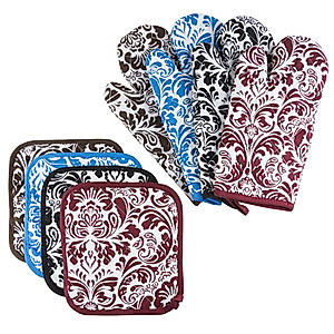 Oven Mitt And Pot Holder Set, Quilted And Flame And Heat Resistant By Lavish Home (Black)