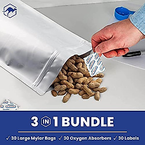 Wallaby 30х 1 Gallon Mylar Bag 7.5 mil for Food Storage with 400cc Oxygen Absorbers & Labels - 10"x14" Stand-Up Heat Seal Bulk Resealable Gusset Ziplock Foil Bags for Freeze Dryers, Dehydrated Dried Food
