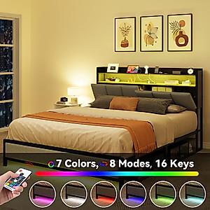 YITAHOME Queen Size Bed Frame, LED Bed Frame with Shelf Storage & Upholstered Headboard, Heavy Duty Metal Slats Platform Bed Frame with Charging Station, No Box Spring Needed, Gray