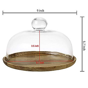 MyGift 8 Inch Clear Glass Dessert Cake Plate & Cheese Cloche Dome with Acacia Wood Serving Tray