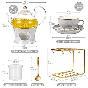 DUJUST 21 pcs Small Tea Set of 6, Gray Marble Texture with Handcraft Golden Trim, Fine Porcelain Tea pot Set for Kids&Adults, 1 Glass Teapot(22oz), 6 Cups(4oz), 6 Saucers, 6 Spoons, 1 Shelf&1 Warmer