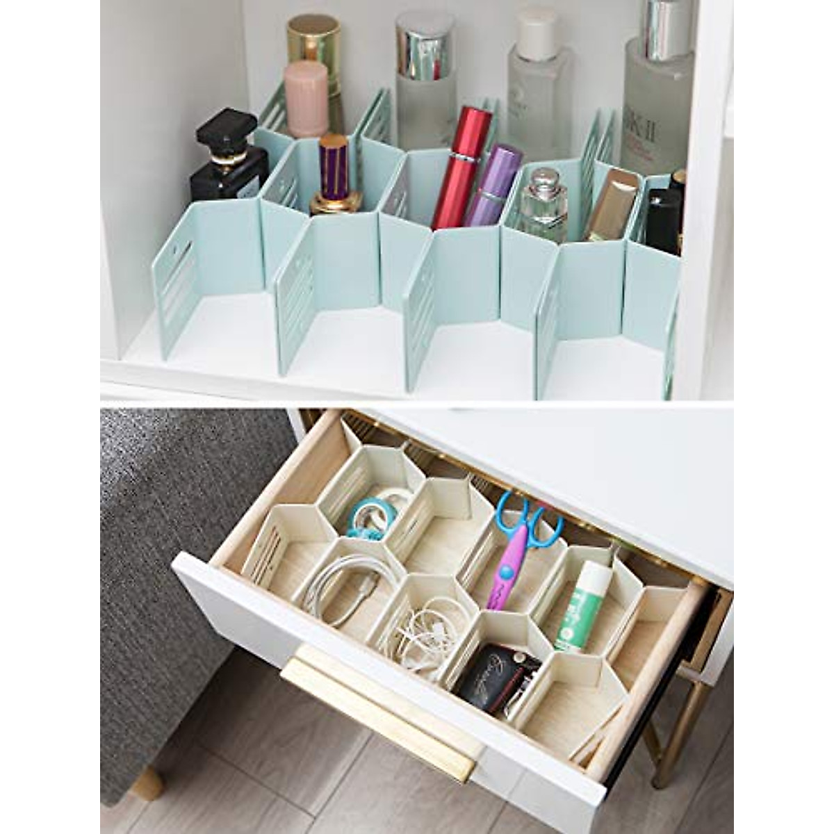 COOLFUNLIFE Plastic Partition Honeycomb Shape Drawer Dividers, Underwear Socks Bras Ties Belts Scarves, Bee Style Household Closet Storage Cabinet Clapboard DIY Drawer Organizer Divider - White