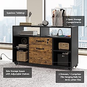 Yaheetech File Cabinet Filing Cabinets with Socket & USB Charging Port 2 Drawers Lateral Printer Stand for Letter Size A4 Size, Home Office Black/Rustic Brown