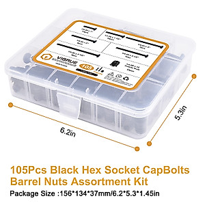 VIGRUE 80PCS Baby Bed Crib Metric Screws M6 x 15mm/ 20mm/ 25mm/ 30mm/ 35mm/ 40mm/ 50mm/ 70mm Black Hex Socket Cap Bolts Barrel Nuts Assortment Kit for Crib Baby Bed Furniture Hardware Cots and Chairs