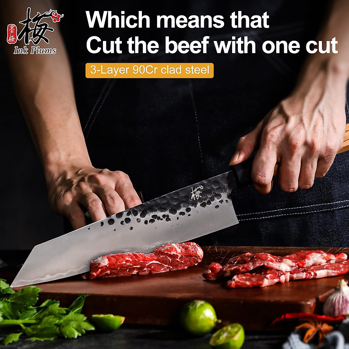 Ink Plums 9 Inch Kitchen Kiritsuke Chef Knife, High Carbon Stainless Steel With Professional Hand Forged Cooking Knife, (Olivewood Handle & Gift Box)