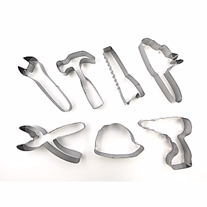 JOKUMO Tools Cookie Cutters Set – 7 PC High Grade 430 Stainless Steel –Wrench, Hammer, Saw, Chainsaw, Pliers, Safety Helmet and Drill