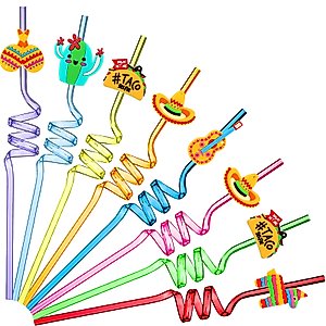 24 Pieces Fiesta Straws for Party Favors Reusable Mexican Cinco De Mayo Theme Party Drinking Straws Plastic Colorful Straws for Fiesta Taco Themed Birthday Party Decorations Supplies, 8 Styles