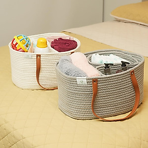 Oliver & Emilia Storage Basket – Portable Small Decorative Woven Cotton Rope Organizer - Leather Handle & Three Removable Bins for Toy, Baby Gift, Laundry, Living Room, Nursery, Towel, Blanket - Grey