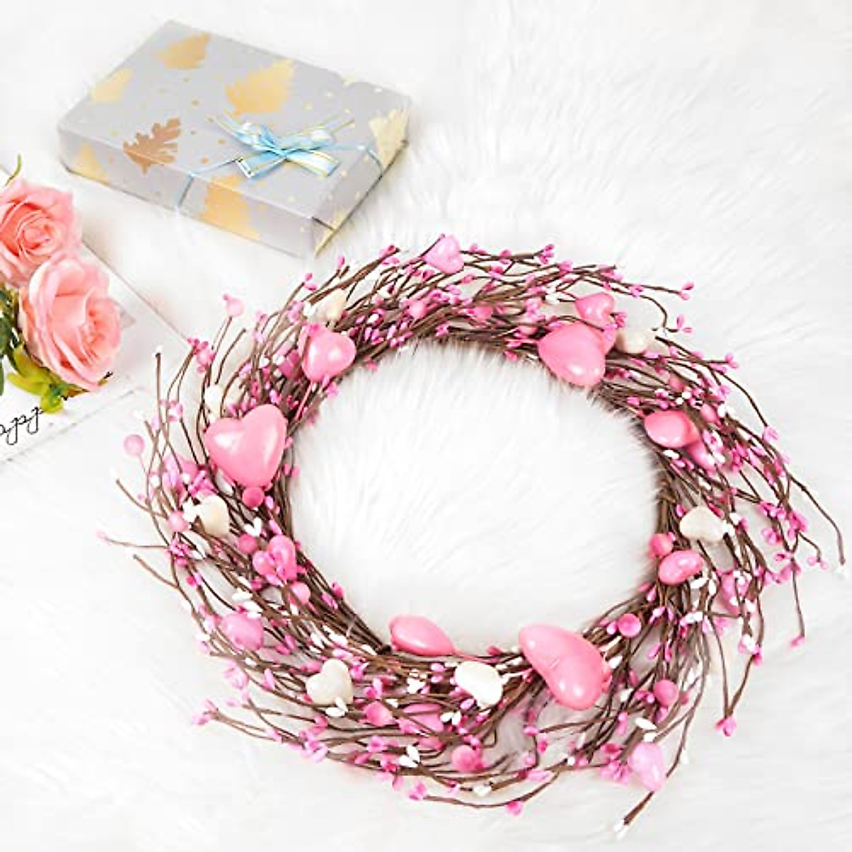Artflower Pink Pip Berry Wreath Heart Shaped Artificial Decoration Rustic Twig Fake Garland Handmade Festival Gifts for Valentine's Day Wedding Garden Door Wall Hanging Home Indoor Office Decor